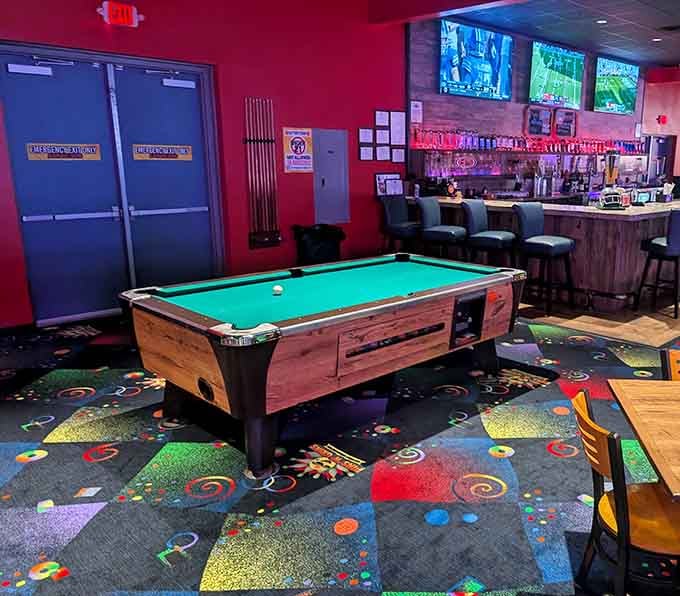 Pool table meets party carpet, because sometimes you need to sink the eight ball in psychedelic surroundings.