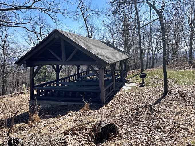Covered pavilions provide the perfect spot to rest and contemplate why you don't hike more often.