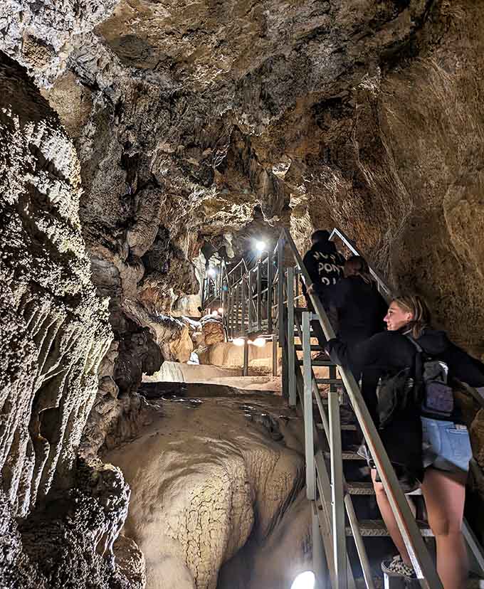 Descending these metal walkways, you realize someone had the brilliant idea to make caves accessible without requiring spelunking skills.