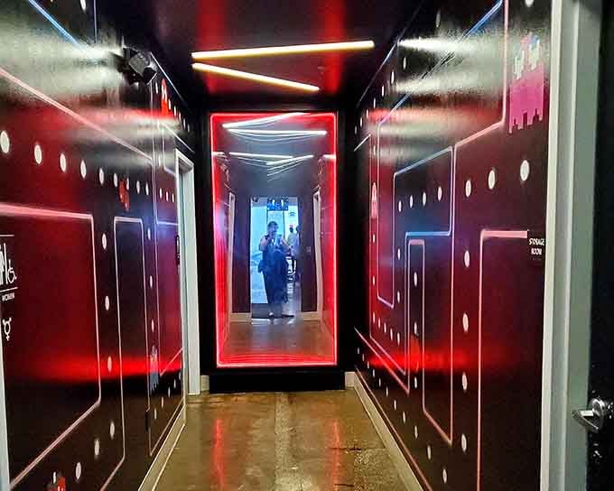 The hallway to the restrooms looks like a scene from Tron&mdash;minus the deadly computer programs, thankfully.