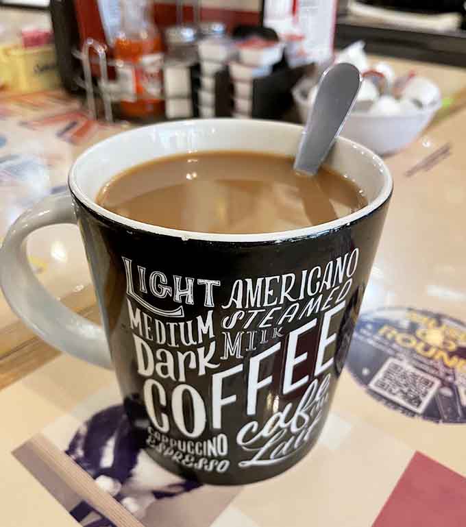 Diner coffee served hot and strong in a proper mug, ready for endless refills without judgment.