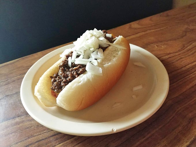 A classic Coney dog with chili and onions: simple, messy, perfect, and exactly what hot dogs aspire to be.