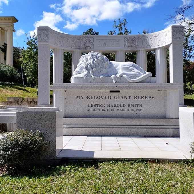 "My Beloved Giant Sleeps" might be the most touching epitaph you'll read all year, and that marble lion agrees completely.