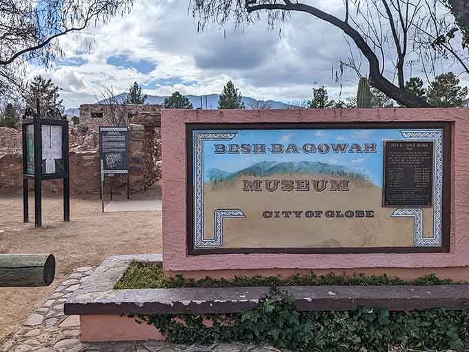 The Besh-Ba-Gowah Museum entrance stands ready to share centuries of stories between your breakfast and lunch stops.