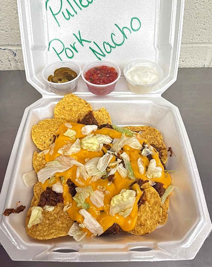 Pulled pork nachos at a gas station, because apparently we're living in the best timeline possible.