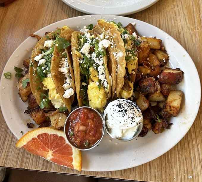 Breakfast tacos with crumbled cheese and fresh toppings bring a little fiesta to your Michigan morning routine.