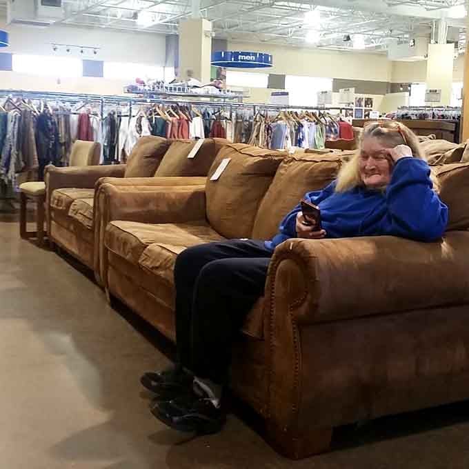 Testing the furniture is encouraged, because comfort matters even when you're shopping on a serious budget here.