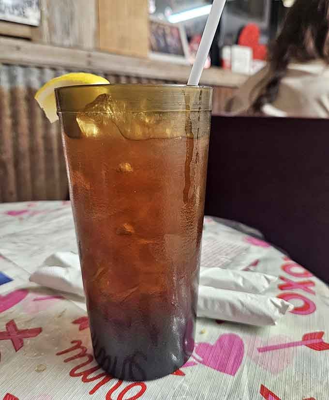 Ice-cold sweet tea with a lemon wedge is the official beverage of Texas hospitality done right.