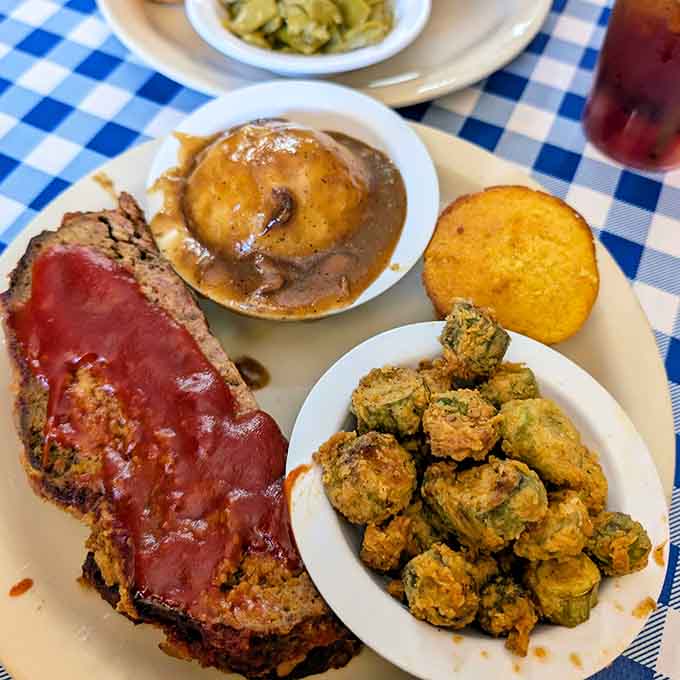 That meatloaf and fried okra combo hits different when it's made by people who actually care about your happiness.