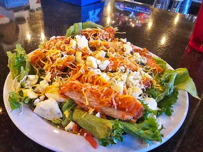 This salad comes piled high with toppings, proving that eating healthy doesn't mean sacrificing flavor or fun at all.