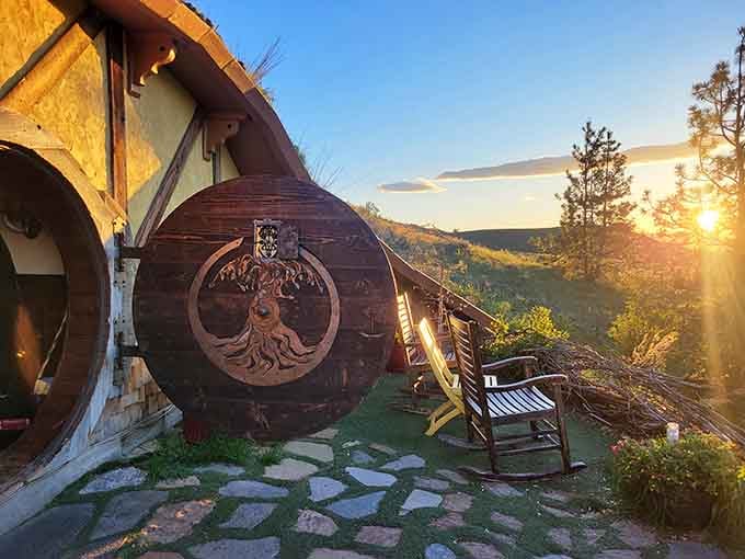Golden hour at a hobbit hole hits different when you're actually living the fantasy, not just dreaming it.