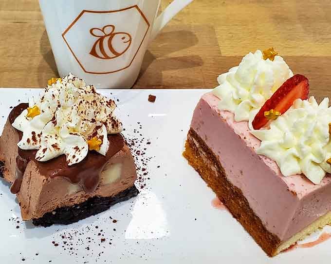 Those mousse cakes deliver silky indulgence in shades of pink and chocolate that'll make your taste buds sing.