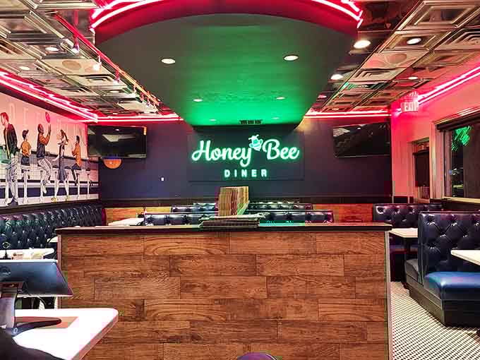 The honeycomb ceiling design adds sweet visual flair to match the food coming from that busy kitchen.