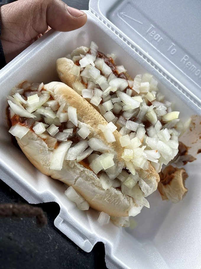 Chopped onions piled high like edible confetti, celebrating the simple joy of a well-dressed hot dog.