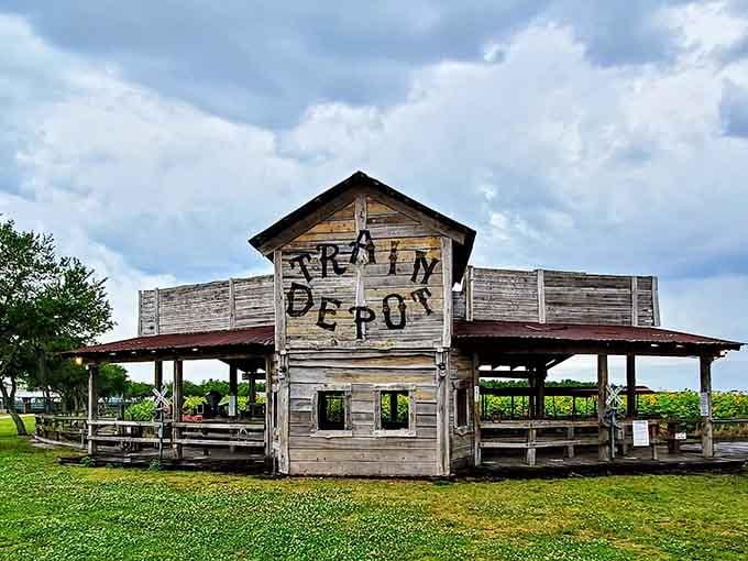 The old-fashioned train depot stands ready to transport visitors around the property in style and nostalgia.