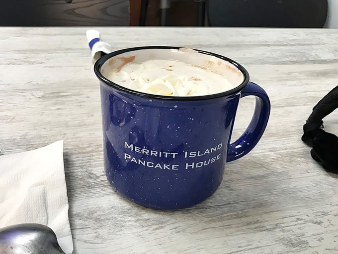 Hot cocoa in a speckled camp mug makes you feel like you're at a cozy cabin instead of Florida.