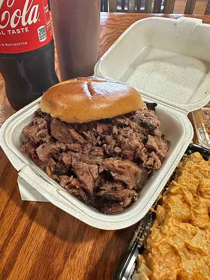 Pulled brisket piled so high on that bun, you'll need an engineering degree to eat it.