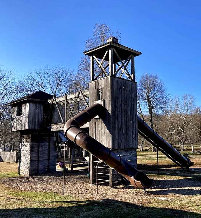 Even the playground embraces the rustic theme, proving fun doesn't require plastic, batteries, or parental assembly instructions included.