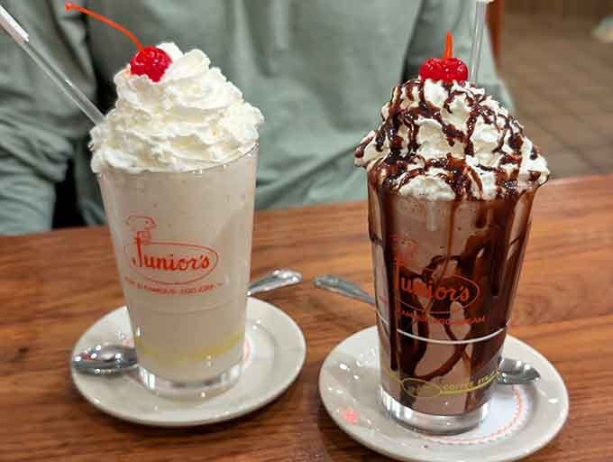 These towering milkshakes topped with whipped cream and cherries belong in a Norman Rockwell painting of pure happiness.