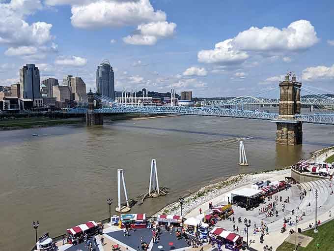 The historic Roebling Bridge spans the Ohio, connecting Kentucky to Ohio with elegant 19th-century engineering still standing strong.