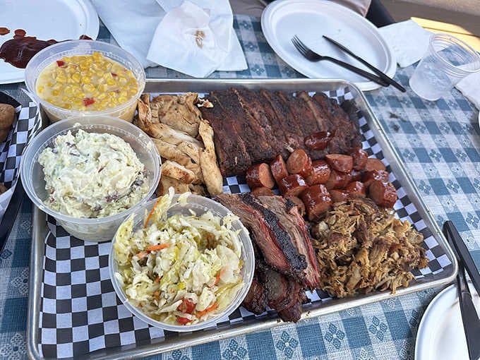 When they say Texas-style, they mean it: brisket, ribs, sausage, and sides that could feed a squadron.
