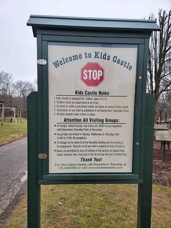 Clear rules keep everyone safe while the real adventure happens just beyond this sign's friendly guidance.