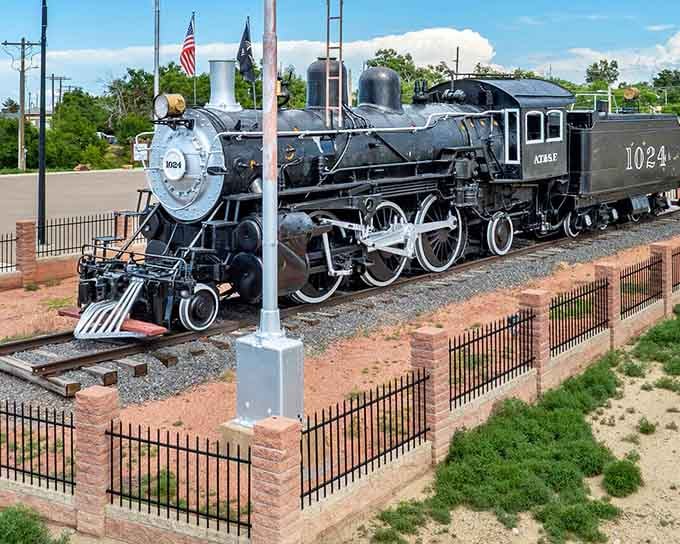 Historic locomotives stand as proud reminders of La Junta's railway heritage and slower-paced glory days.