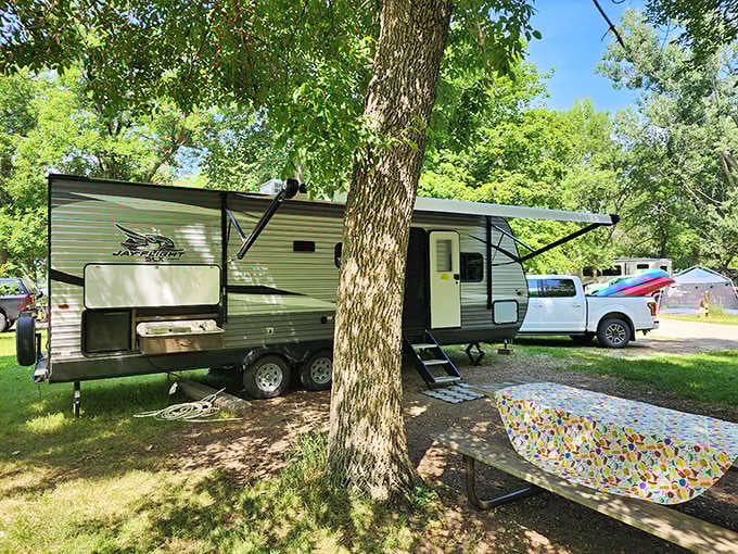 RV camping under a canopy of green where your biggest decision is whether to nap now or after your second cup of coffee.