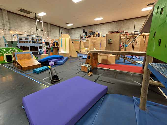 Indoor parkour paradise where kids can bounce off walls and parents actually encourage it for once.