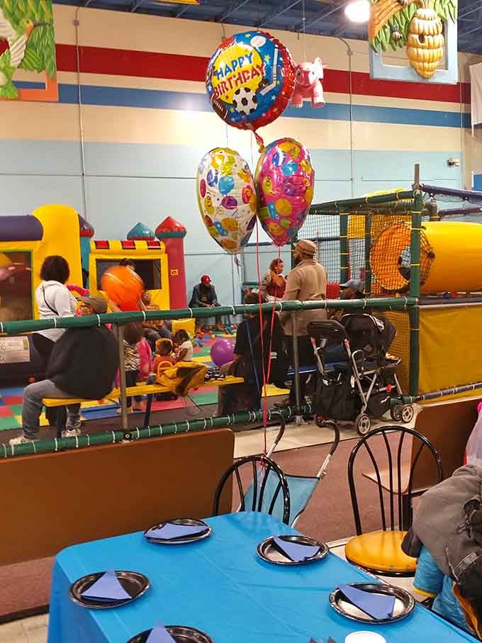 Birthday party central, complete with balloons and a setup that makes home celebrations look charmingly inadequate.