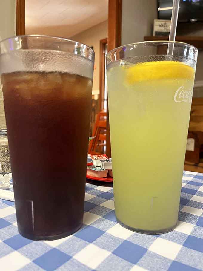 Sweet tea and lemonade in glasses big enough to quench a thirst you didn't even know you had yet.