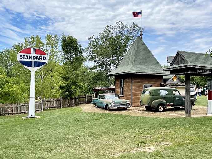 Classic cars and a vintage Standard Oil sign create the perfect backdrop for your inner Grease fan to come alive.