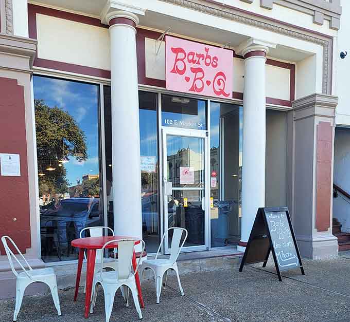 Barb's B-Q sits pretty on the square, ready to join the legendary lineup of Lockhart's smoking establishments.