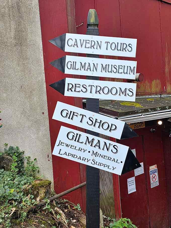 Clear signs point the way to underground marvels, above-ground treasures, and necessary facilities for practical explorers.