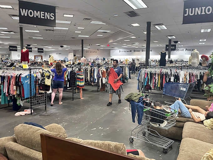 The clothing racks go on forever, organized by gender and size, making the hunt easier and more rewarding.