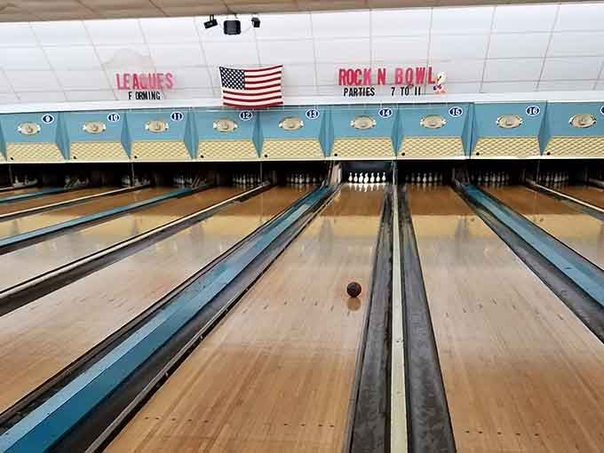 From this angle, you can almost hear the thunder of balls rolling and pins scattering like startled birds.