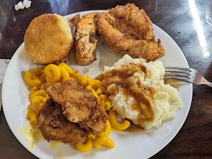That perfectly golden fried chicken and fluffy biscuit prove some things in life are worth the extra napkins.