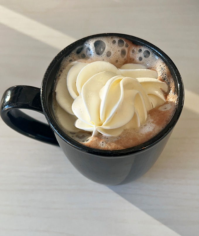 Hot chocolate crowned with whipped cream swirls reminds you that some pleasures are timeless, regardless of your age.