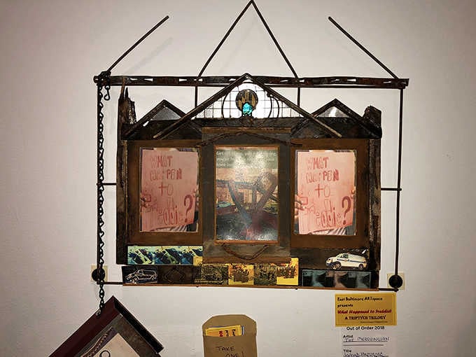 Mixed media assemblages that look like someone's attic exploded in the most beautiful way possible, then got framed.