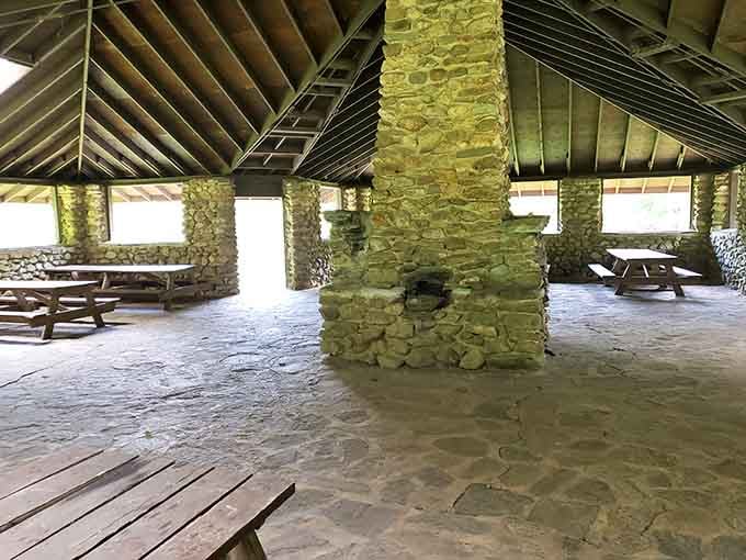 Stone pillars and picnic tables under one roof. Our ancestors really knew how to do shelter properly.