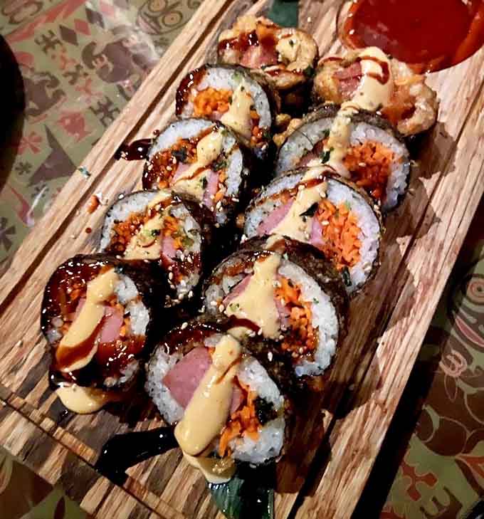 Tempura musubi roll that somehow makes perfect sense despite defying all geographical logic beautifully.