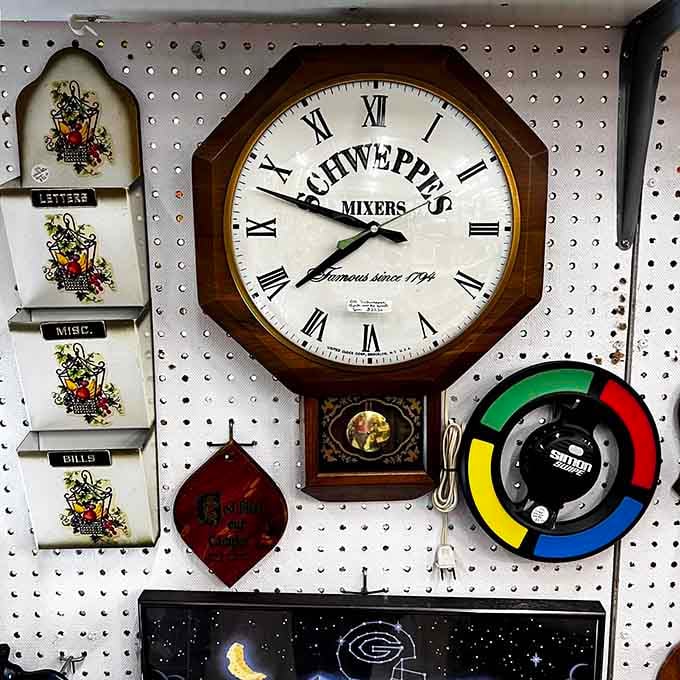 A Schweppes clock keeps time while vintage treasures remind us that everything old becomes cool again eventually.