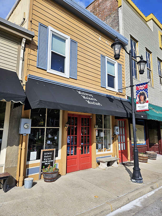 Local shops with red doors welcome you into spaces filled with treasures waiting to be discovered.