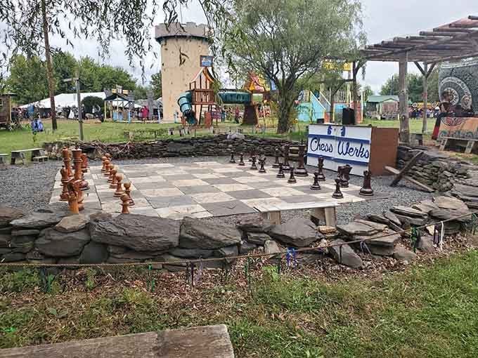 Life-sized chess pieces await strategic minds willing to think big in this oversized medieval game.