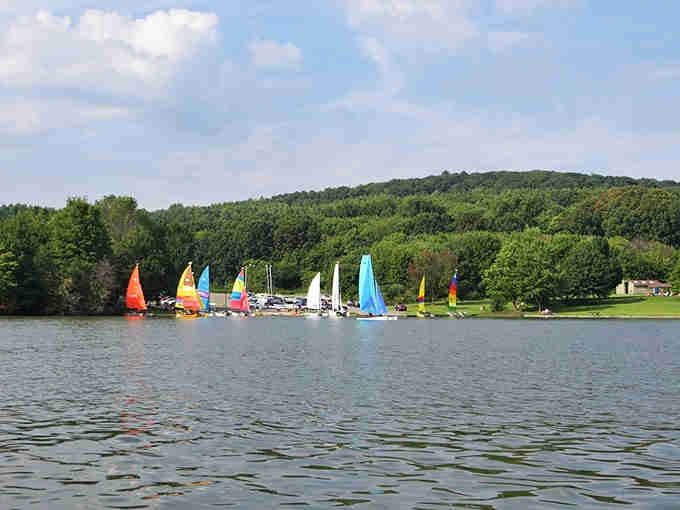Sailboats line up in colors bright enough to make Joseph's coat jealous of their wardrobe.