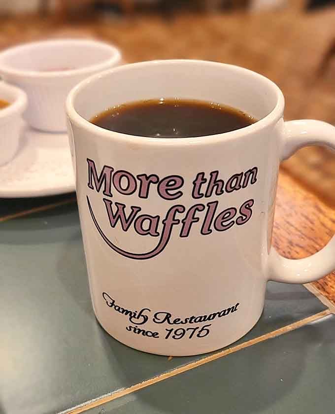 Coffee served in their signature mug, because even your caffeine deserves to know where it came from.