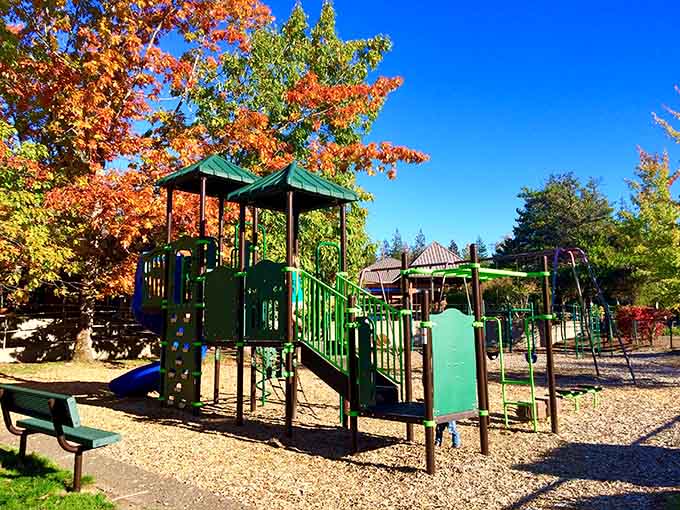 The playground keeps kids entertained for hours while parents enjoy that rare commodity known as sitting down peacefully nearby.