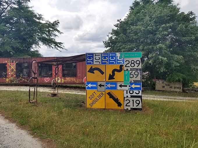 A jumble of highway signs creates impossible directions, like something from a Twilight Zone episode set in Alabama.