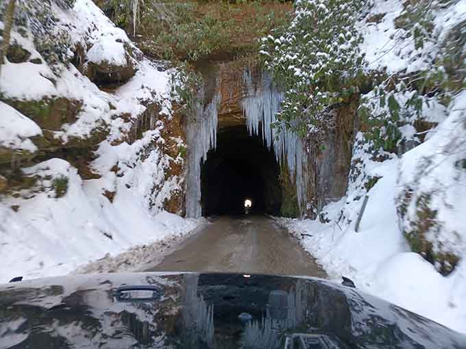 Winter transforms the tunnel entrance into something straight out of Narnia, icicles and all included free of charge.