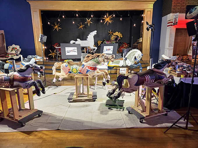 These vintage carousel horses stand ready to gallop through childhood memories, no quarters required for this magical ride.